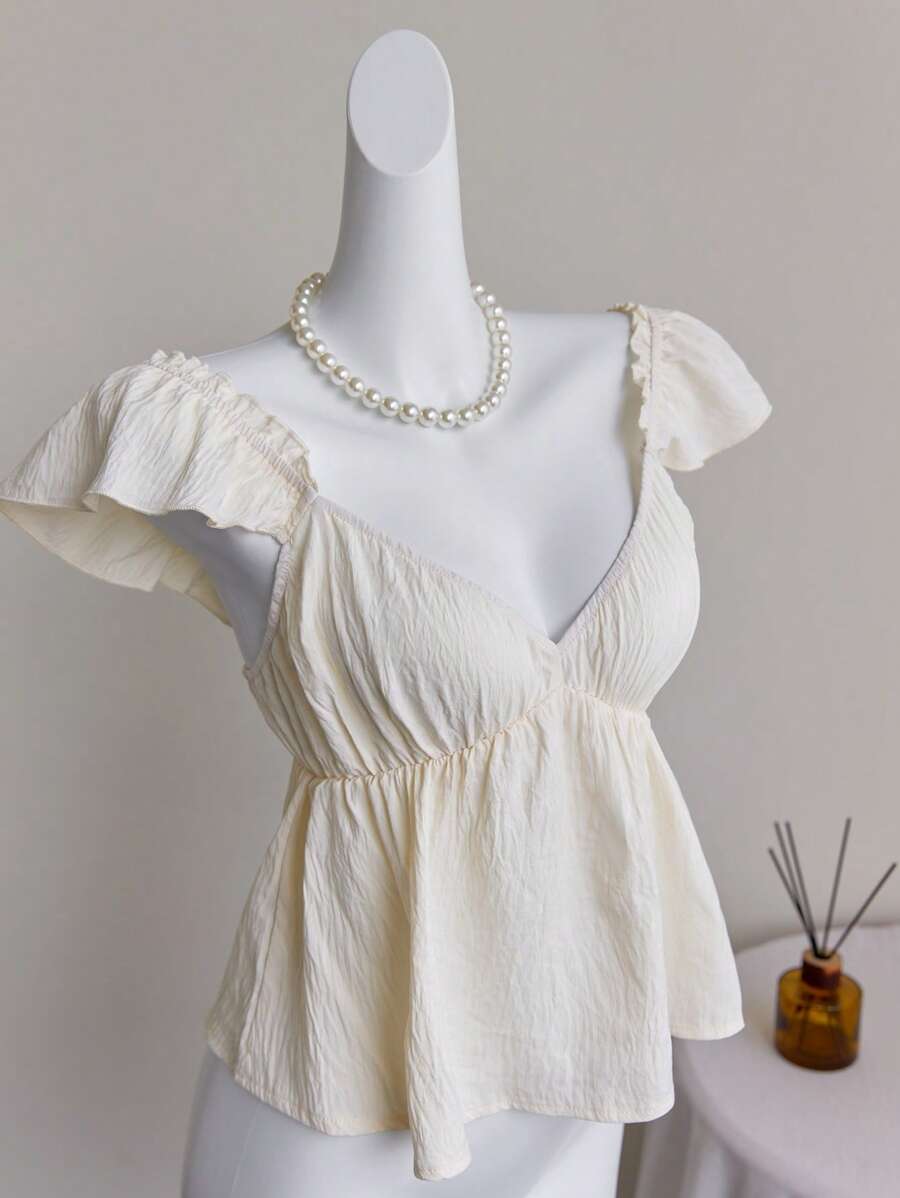 Elamini Blue Adorable Ruffle Trim Short Spaghetti Strap Top, Sexy Open ...