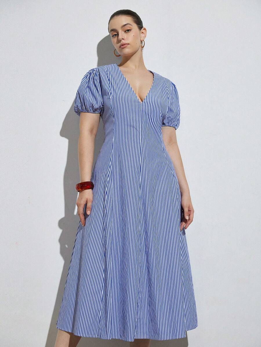 Aveloria Modichic Elegant Commute Minimalist High-End Striped Blue & White A-Line Deep V-Neck ...