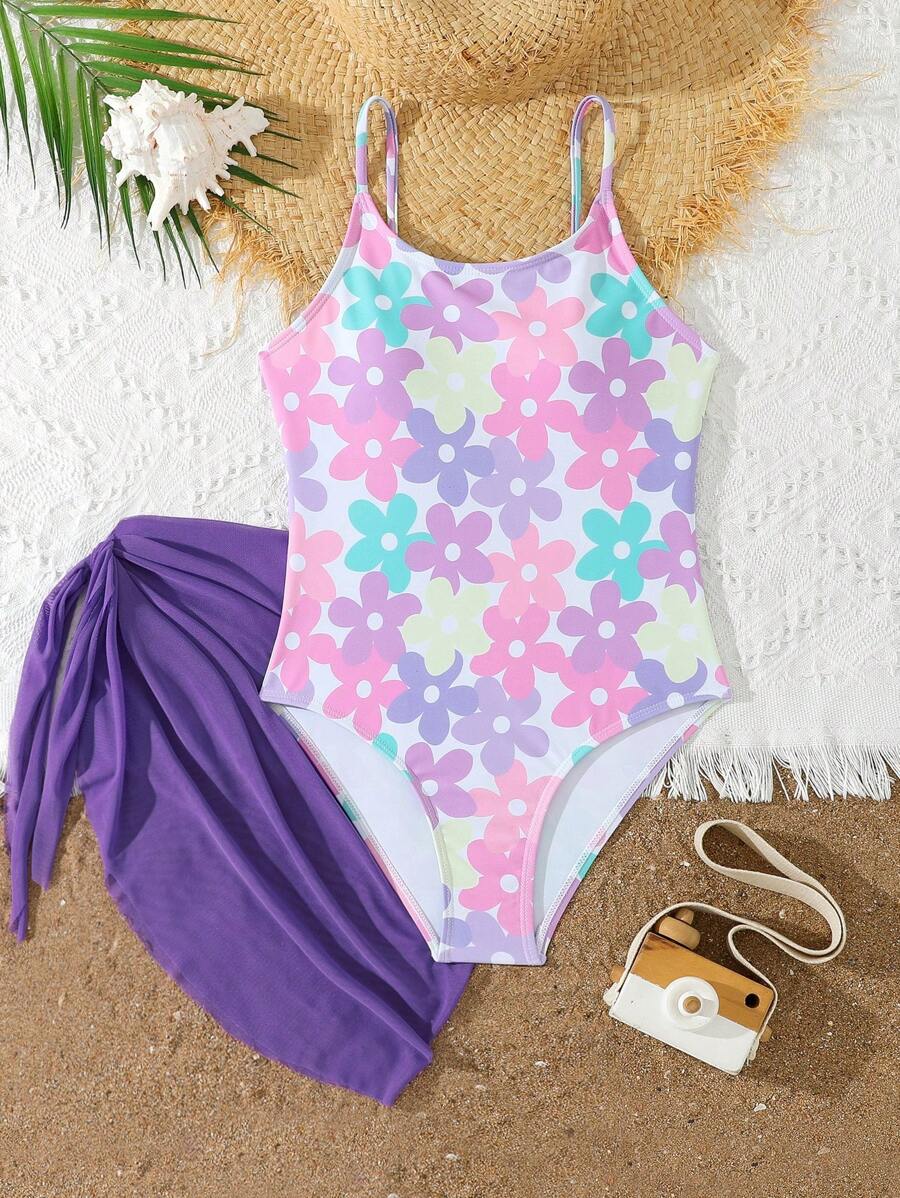 Tween Girls Flower Print Knit Bikini Sets With Solid Color Skirt ...