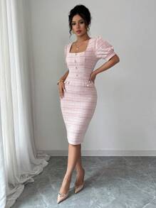 Elenzga Women's Elegant Romantic Puff Sleeve Boat Neck Waisted Form ...