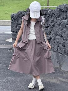 DAZY 2pcs/Set Tween Girl' Summer Outfit, Tank Top And Dress, Gray ...