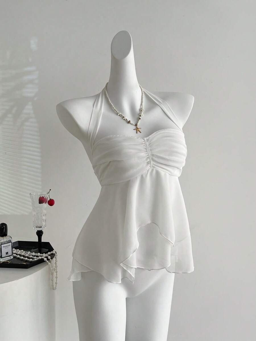 Sweetra Top asimétrico sin mangas con cuello con lazo y pliegues ...