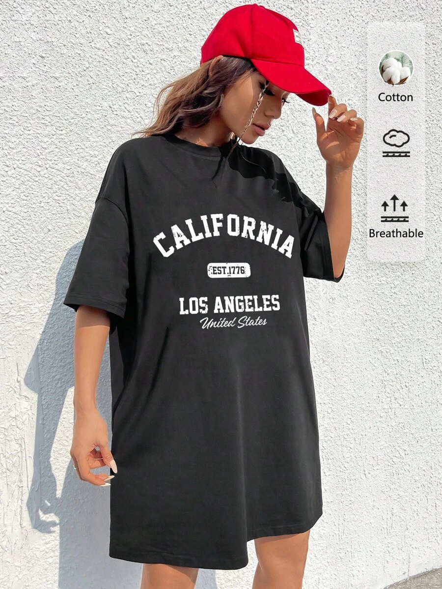 SHEIN EZwear Casual California Los Angeles Letter Slogan Loose Fit ...