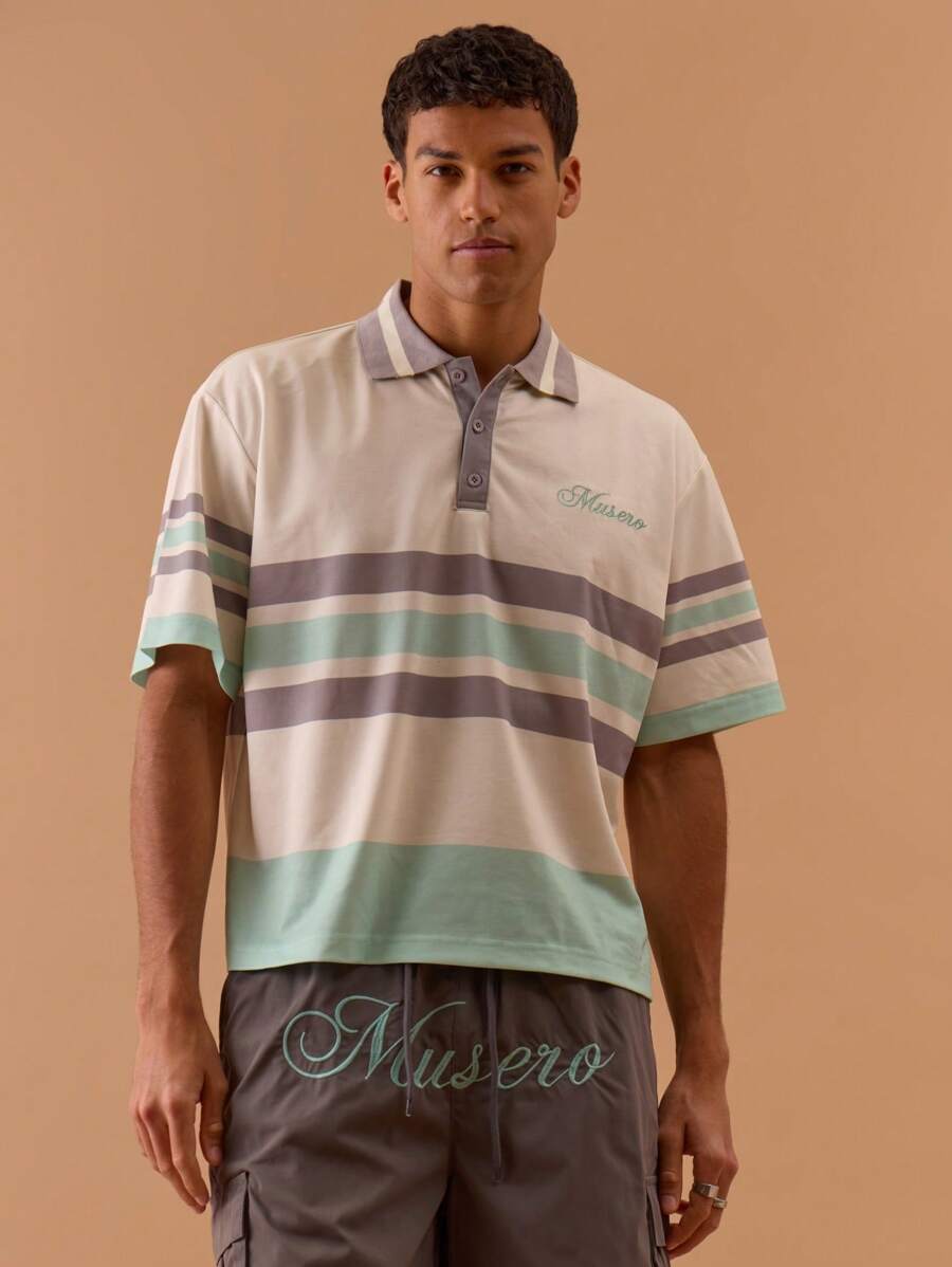 Musero Camisa polo de hombre con panel de rayas, parche con marca, para ...