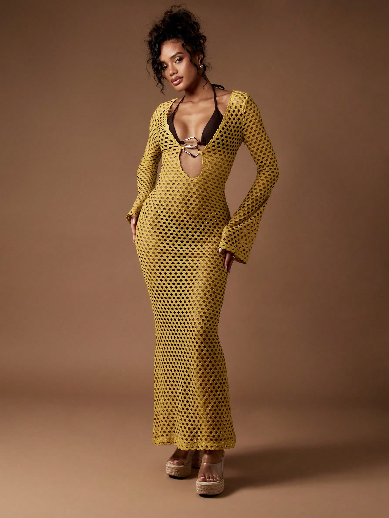 Beach Cover Up Long Sleeve Crochet Dress Gold Ring Detail Netted Mesh ...