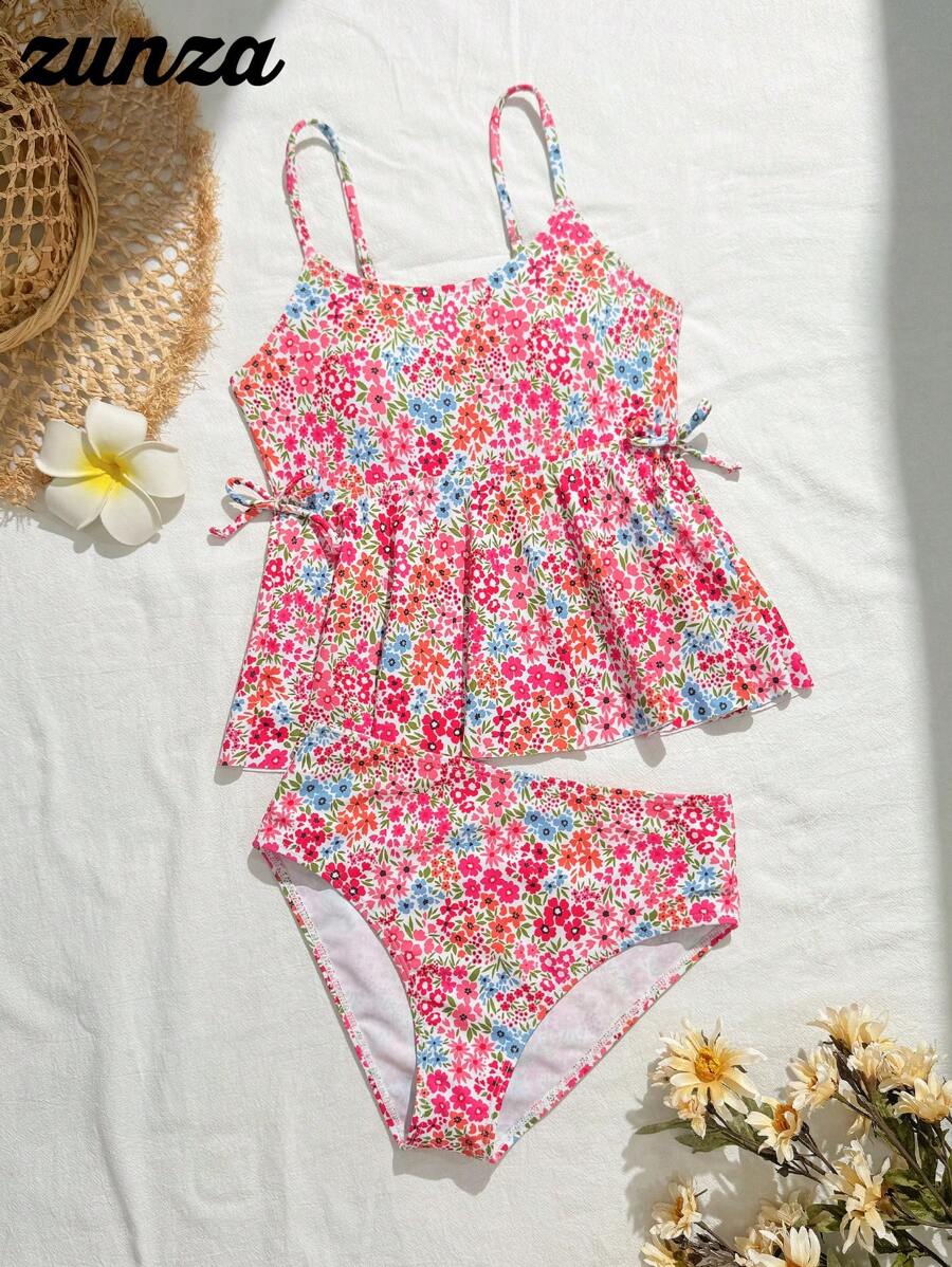 Tween Girls Ditsy Floral Print Ruffle Hem Tankini Swimsuit Set,Suitable ...