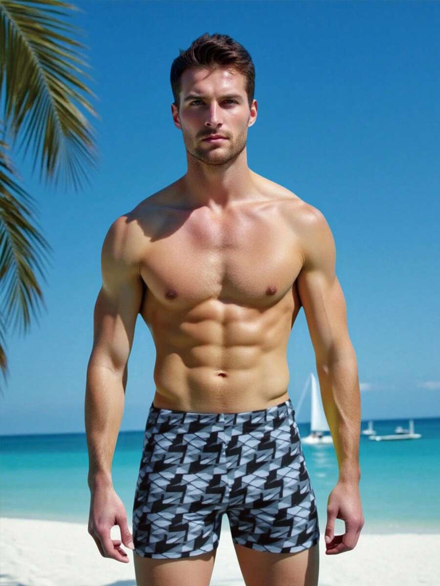 Manfinity Swimmode Men's Geometric Print Casual Swim Trunks BeachModeOn ...