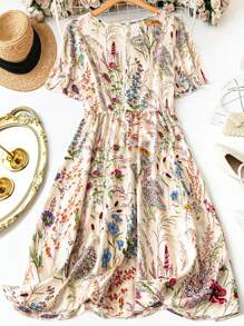 SHEIN CURVE+ Extra Plus Size Casual Ink Flower Print Front Button Long ...