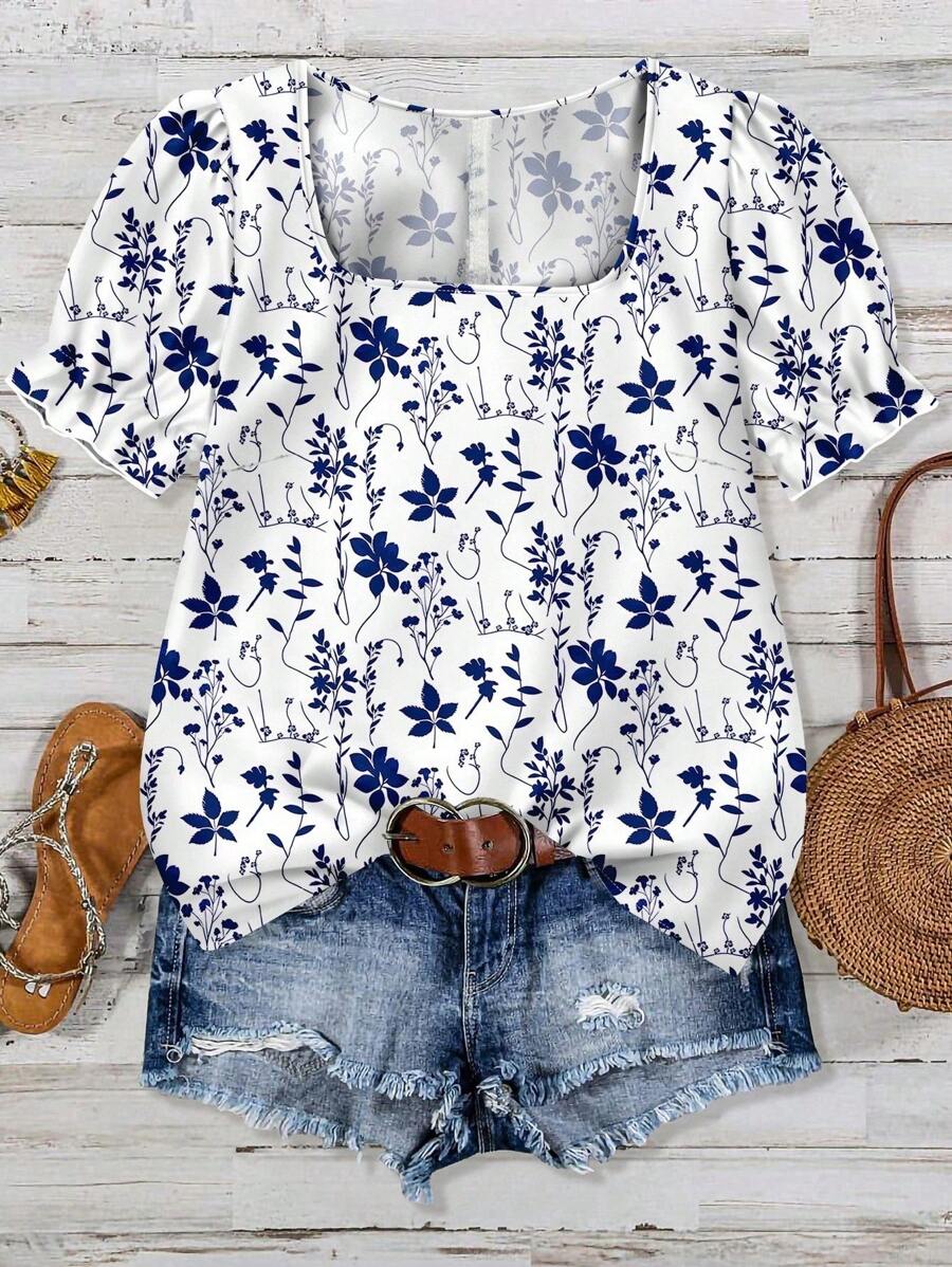 EMERY ROSE Plus Size Women's Ditsy Floral Casual Minimalist Button Down Shirt, Versatile And ...