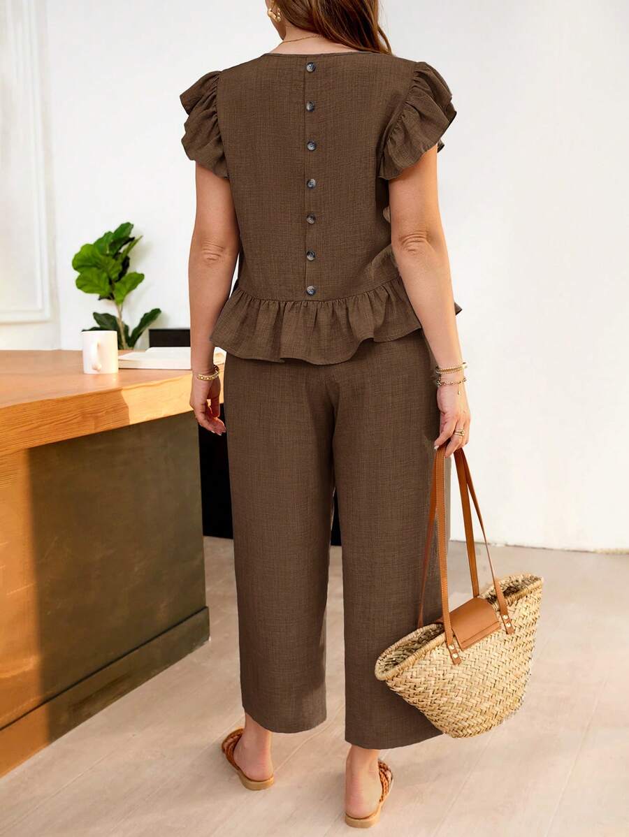 SHEIN Frenchy Plus Size Women 2pcs Set: Casual Solid V-Neck Ruffle ...