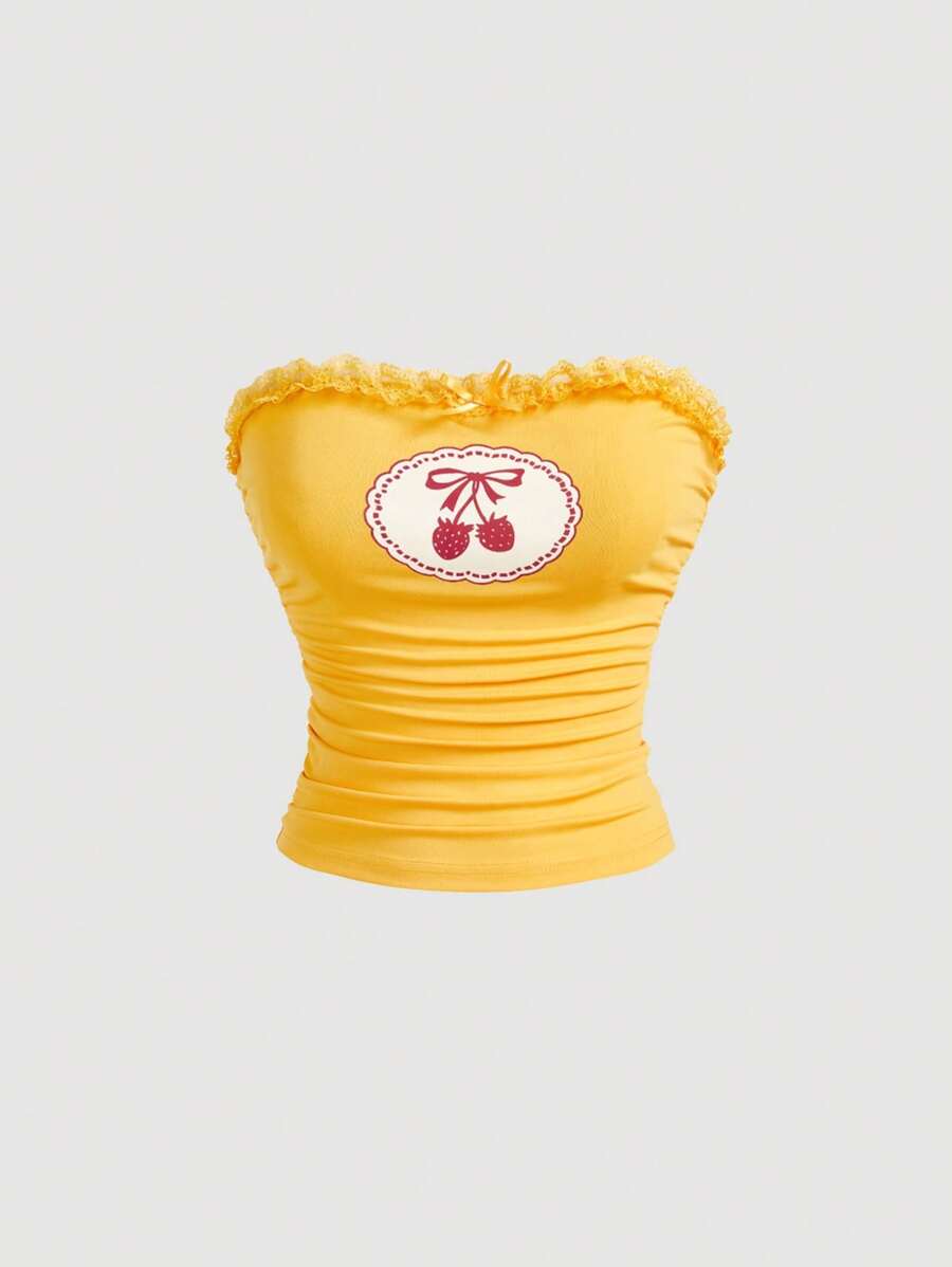 SHEIN MOD Women's Yellow Cute Cherry Print Ruched Bandeau Top | SHEIN USA