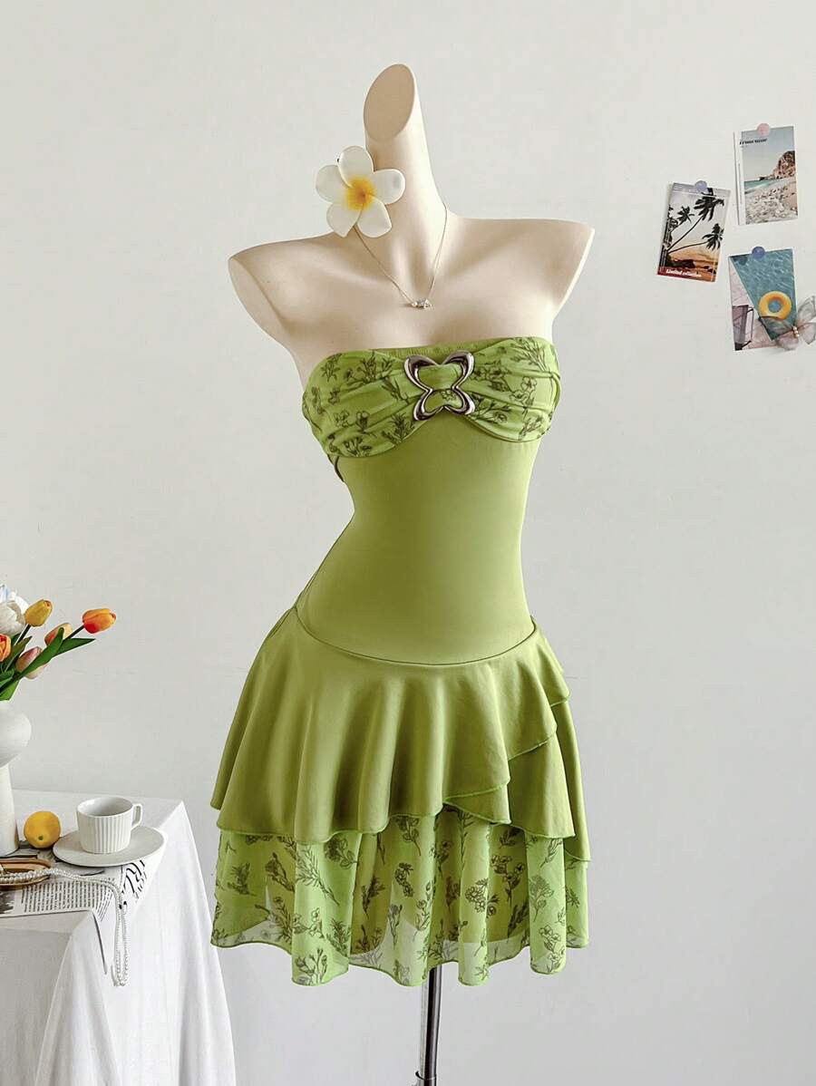 Soleia Vacation Style Women's Floral Print Ruffle Hem Bandeau Mini Dress | SHEIN USA