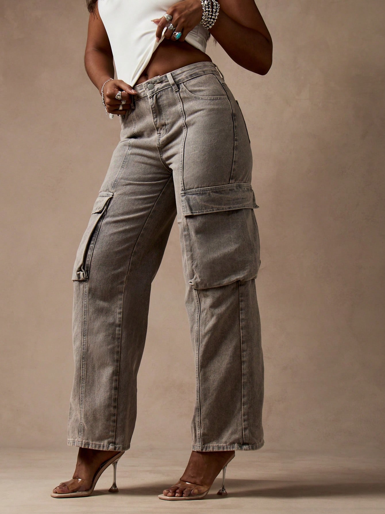 Wide Leg Cargo Denim Jeans Utility Style Relaxed Fit Workwear Pants ...