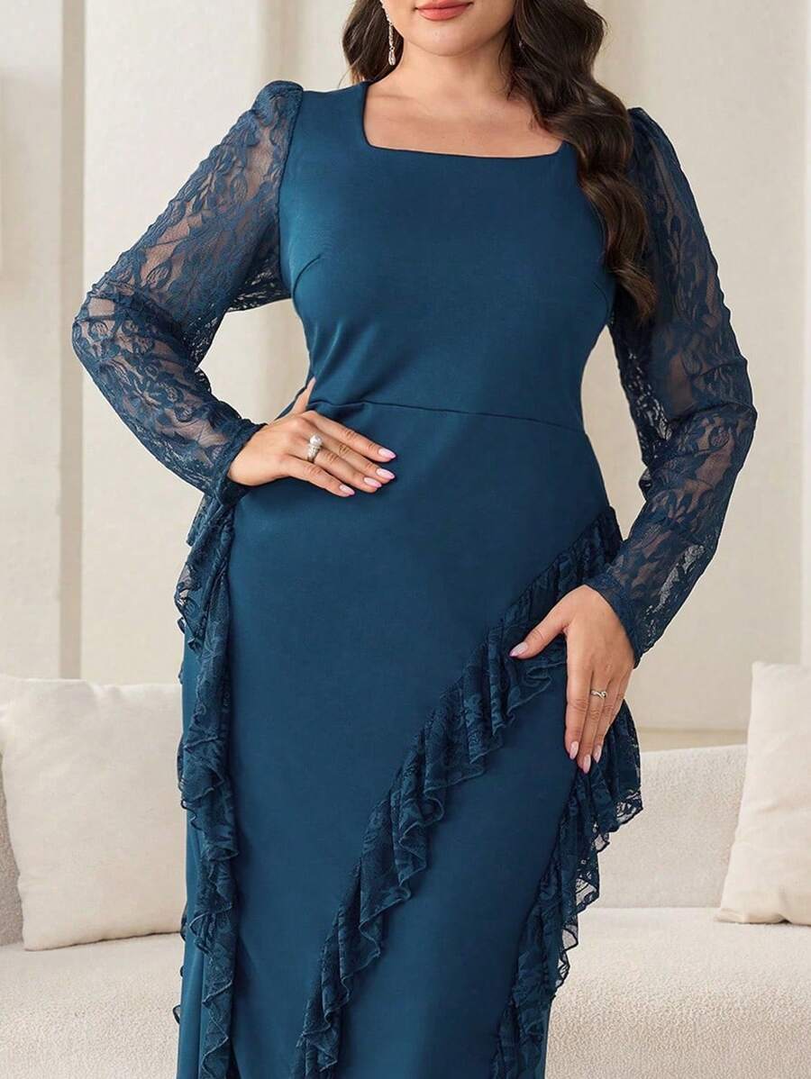 Modelyn Plus Size Elegant Solid Color Lace Patchwork Ruffle Hem Dress | SHEIN USA