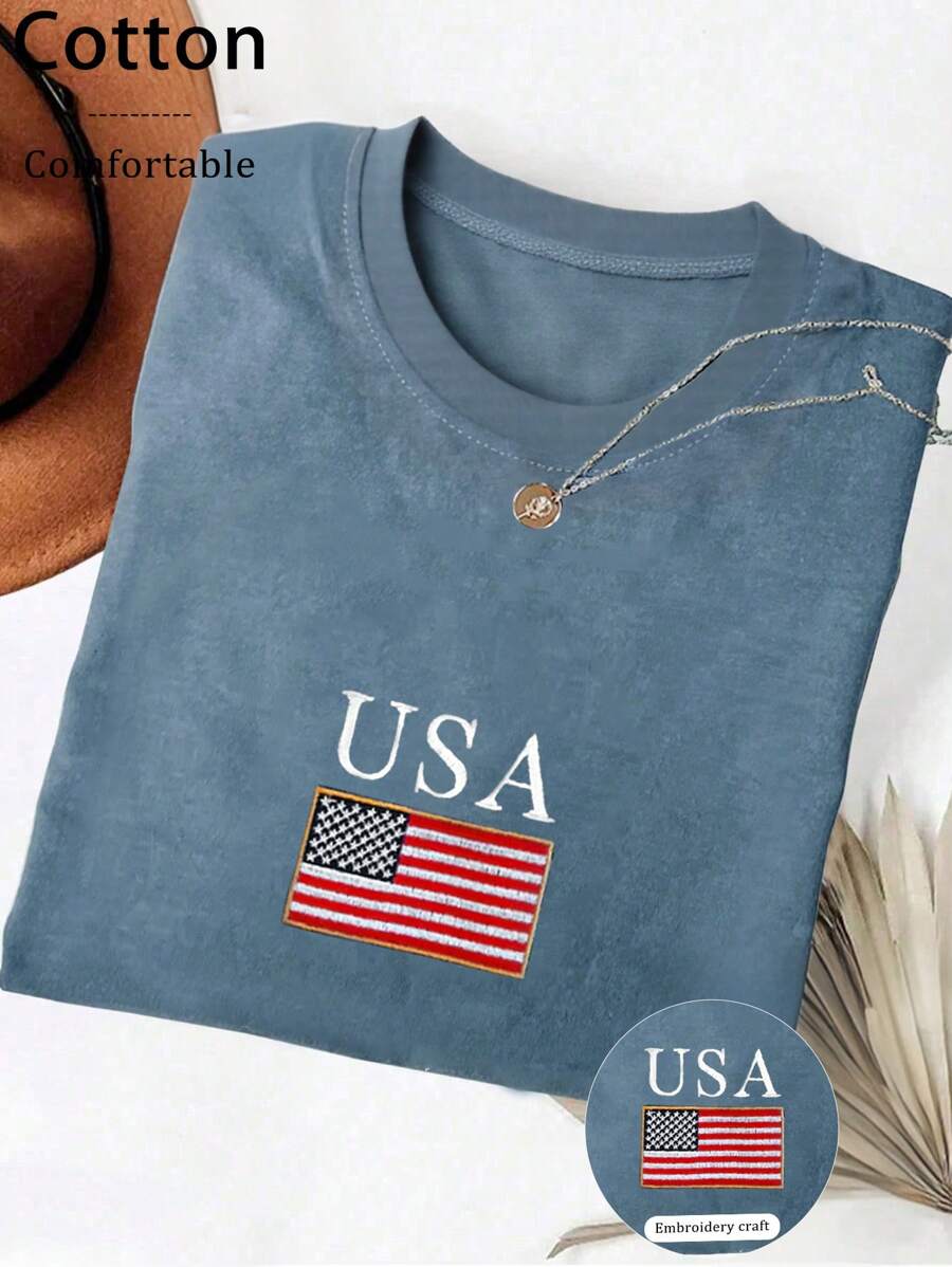 SHEIN Women's Embroidered American Flag Comfortable Color T-Shirt, U.S ...