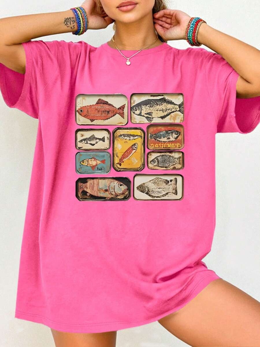 INAWLY Plus Size Summer Casual Fish Print Short Sleeve T-Shirt | SHEIN USA