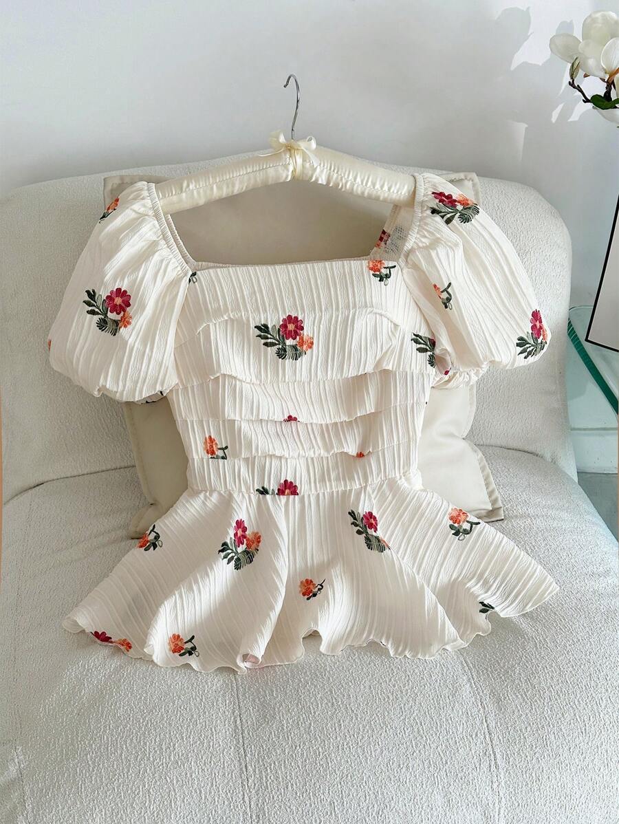 Modelyn Casual Floral Printed Puff Sleeve Blouse For Women,Going Out Top | SHEIN USA