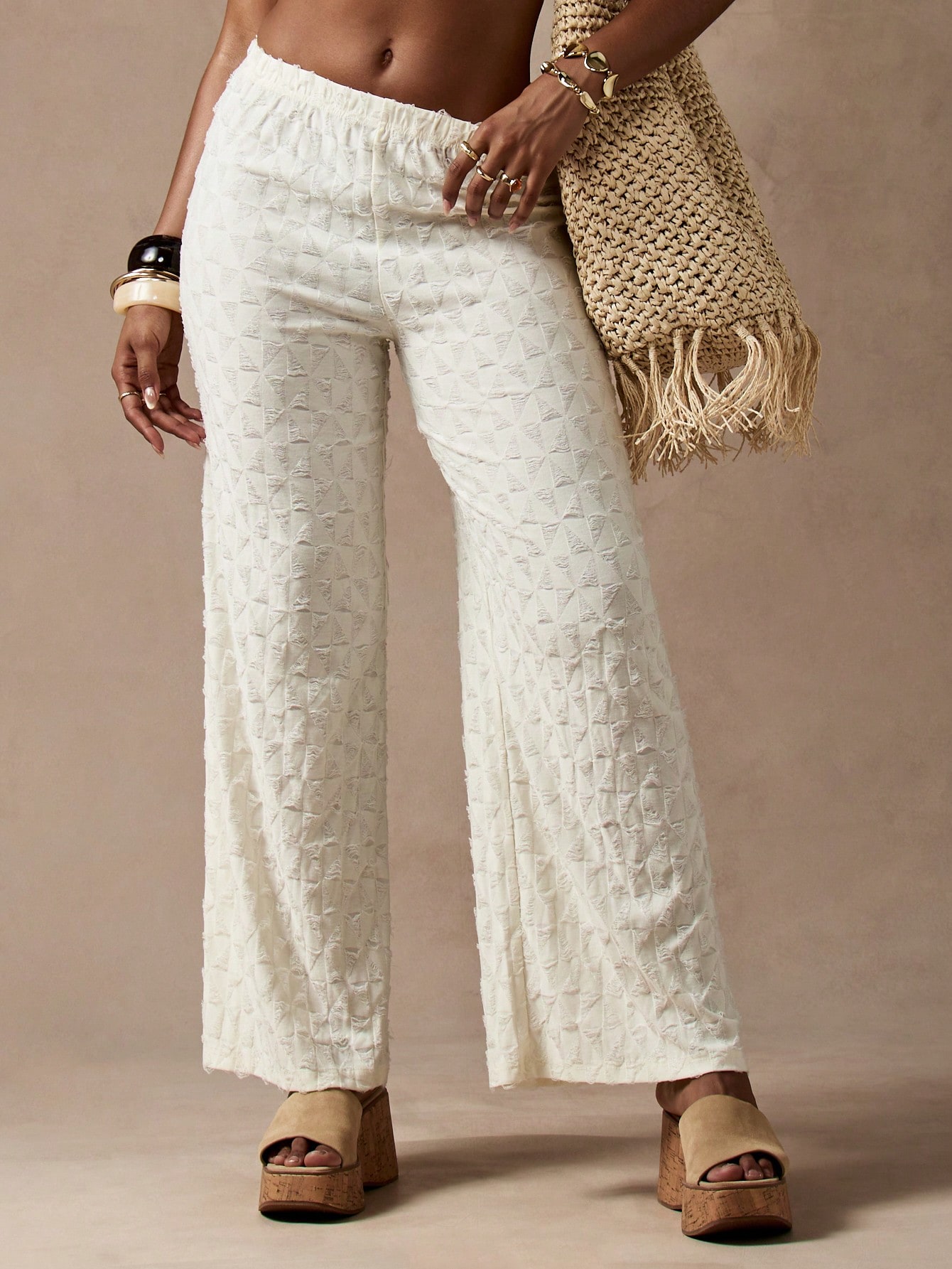 Textured Wide Leg Resort Pants Summer Beach Holiday Elastic Waist ...