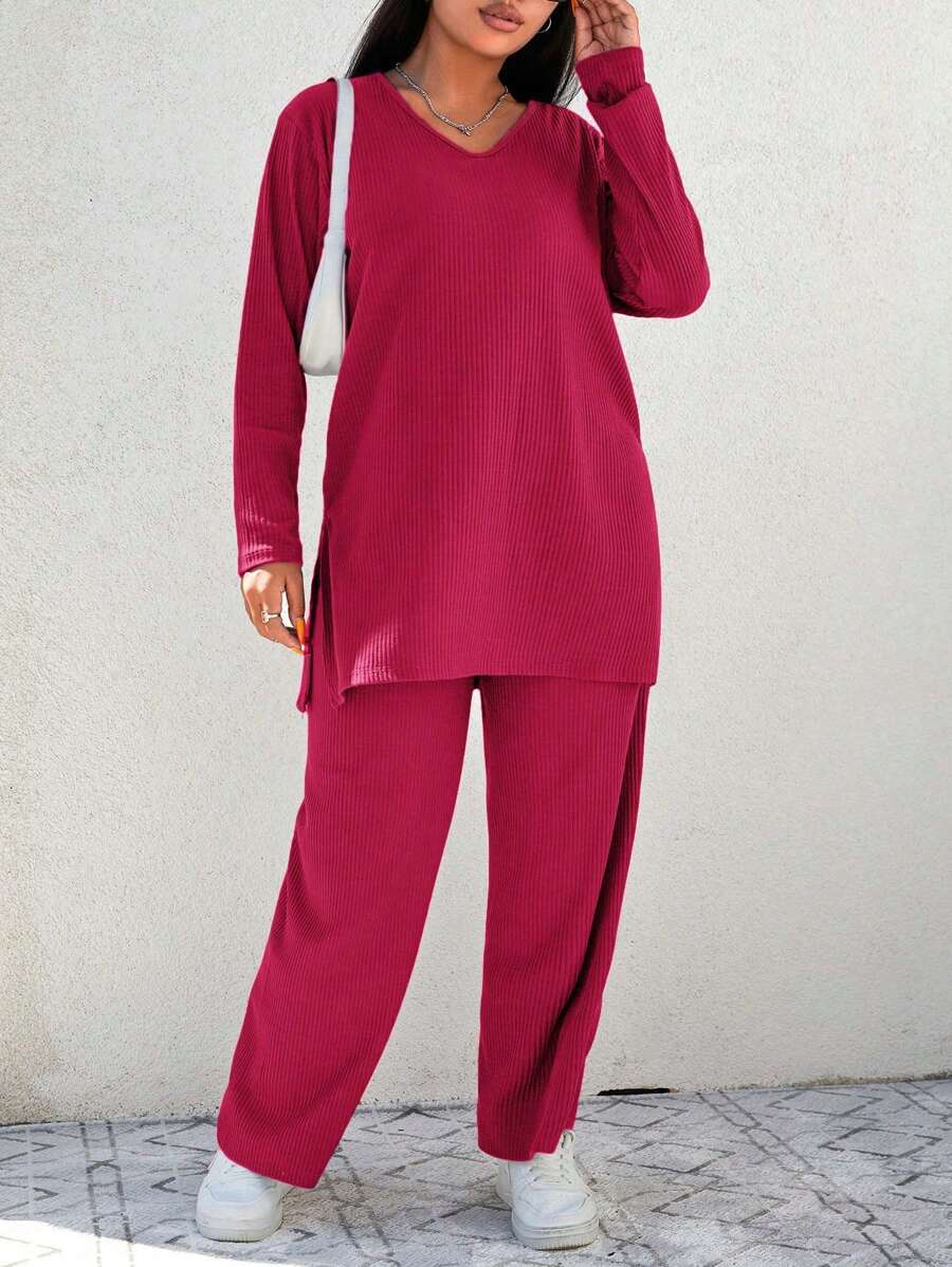 RueChic Plus Solid Split Hem Tee & Wide Leg Pants | SHEIN USA