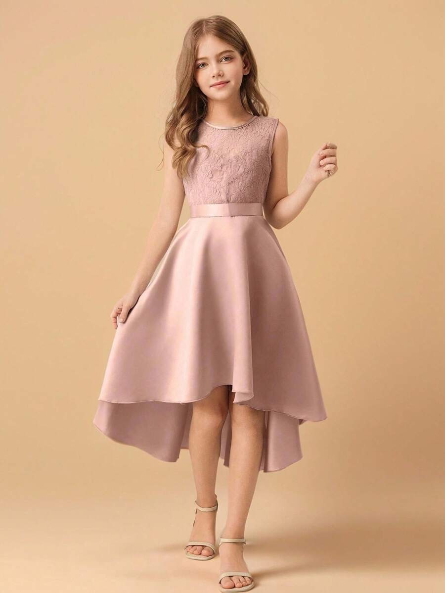 Flower Girl Tween Girl Delicate Lace Trim Collar Satin High Low Hem ...