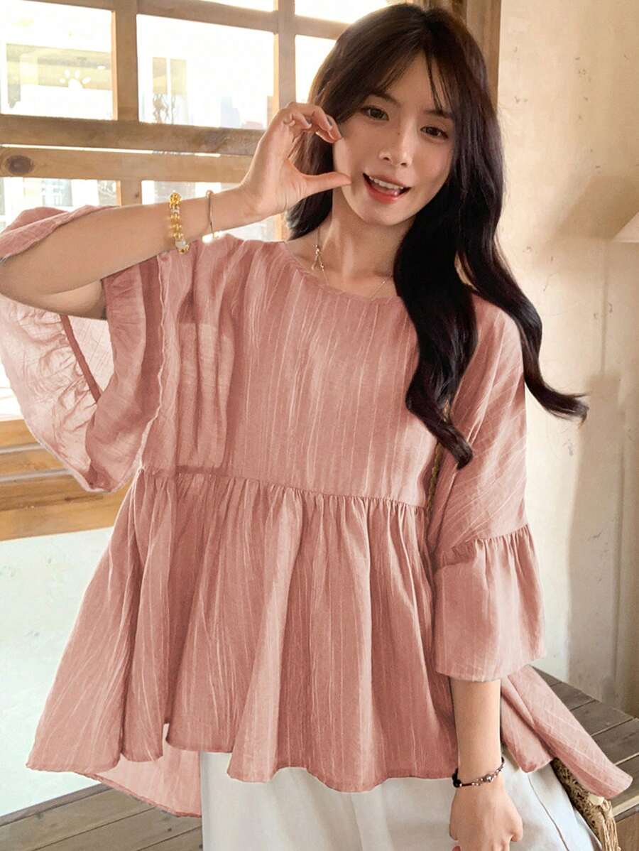 FRIFUL Women Grey Blouse With Cute Ruffle Collar, Summer Wear,Babydoll ...