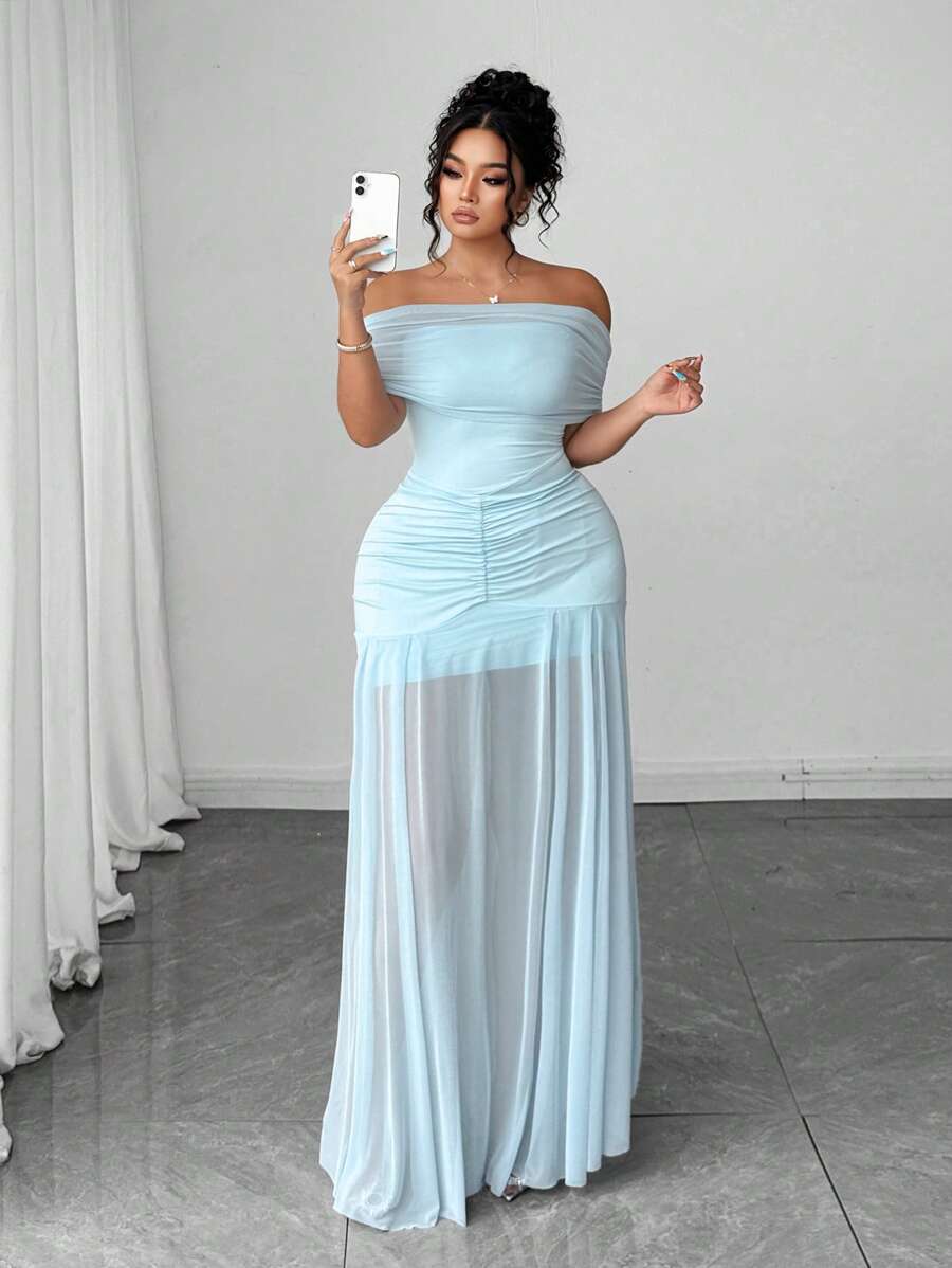 Elenzga Plus Size Women Off Shoulder Knit Dress, Light Blue Patchwork ...