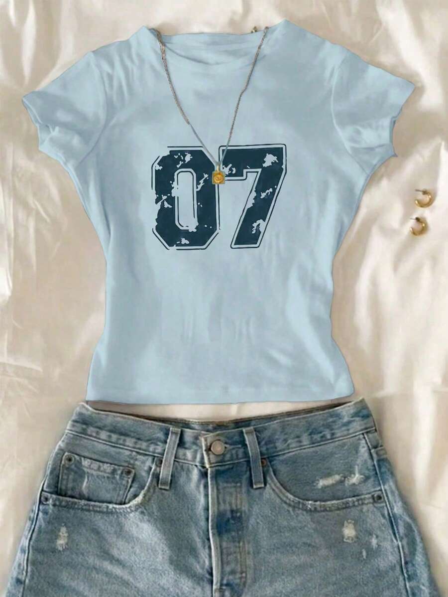 SHEIN Tween Girl Summer Numeric Print Round Neck Short Sleeve Casual T ...