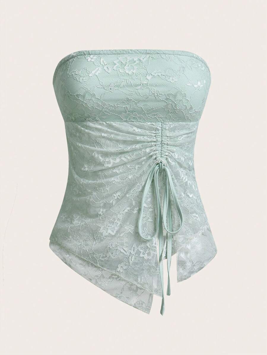 Sweetina Lace Patchwork Drawstring Asymmetrical Hem Cropped Camisole ...