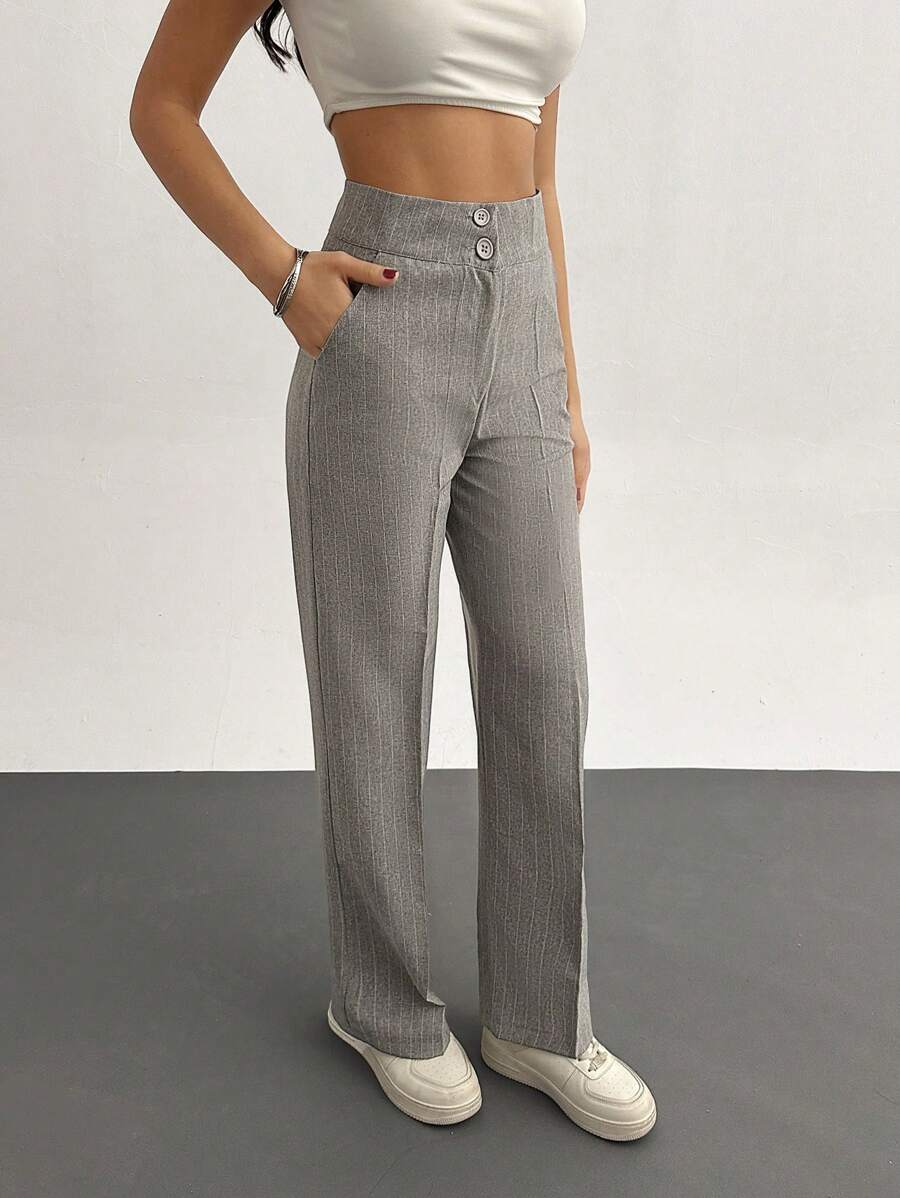 SHEIN Cottnline Women Striped And Button Detailed Wide Leg Pants | SHEIN UK