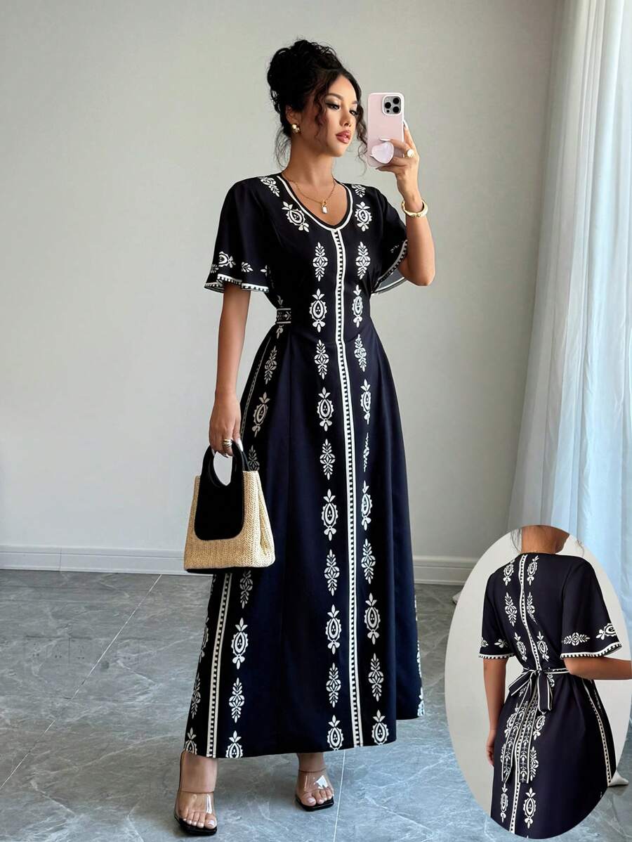 Elenzga New Arrival Elegant V-Neck Fashion Placement Print Women Dress | SHEIN USA