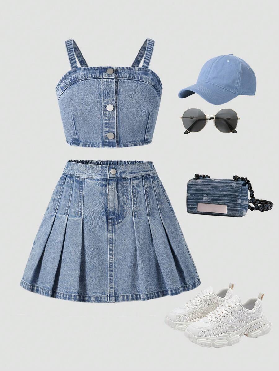 Tween Girls Y2K Style Fashion Medium Wash Blue Cami Tank Top Slim Fit ...