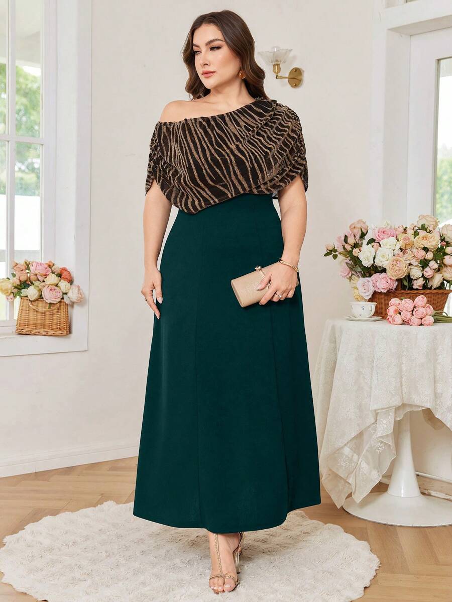 Modelyn Plus Size Oblique Shoulder Striped Patchwork Fitted Bodycon ...