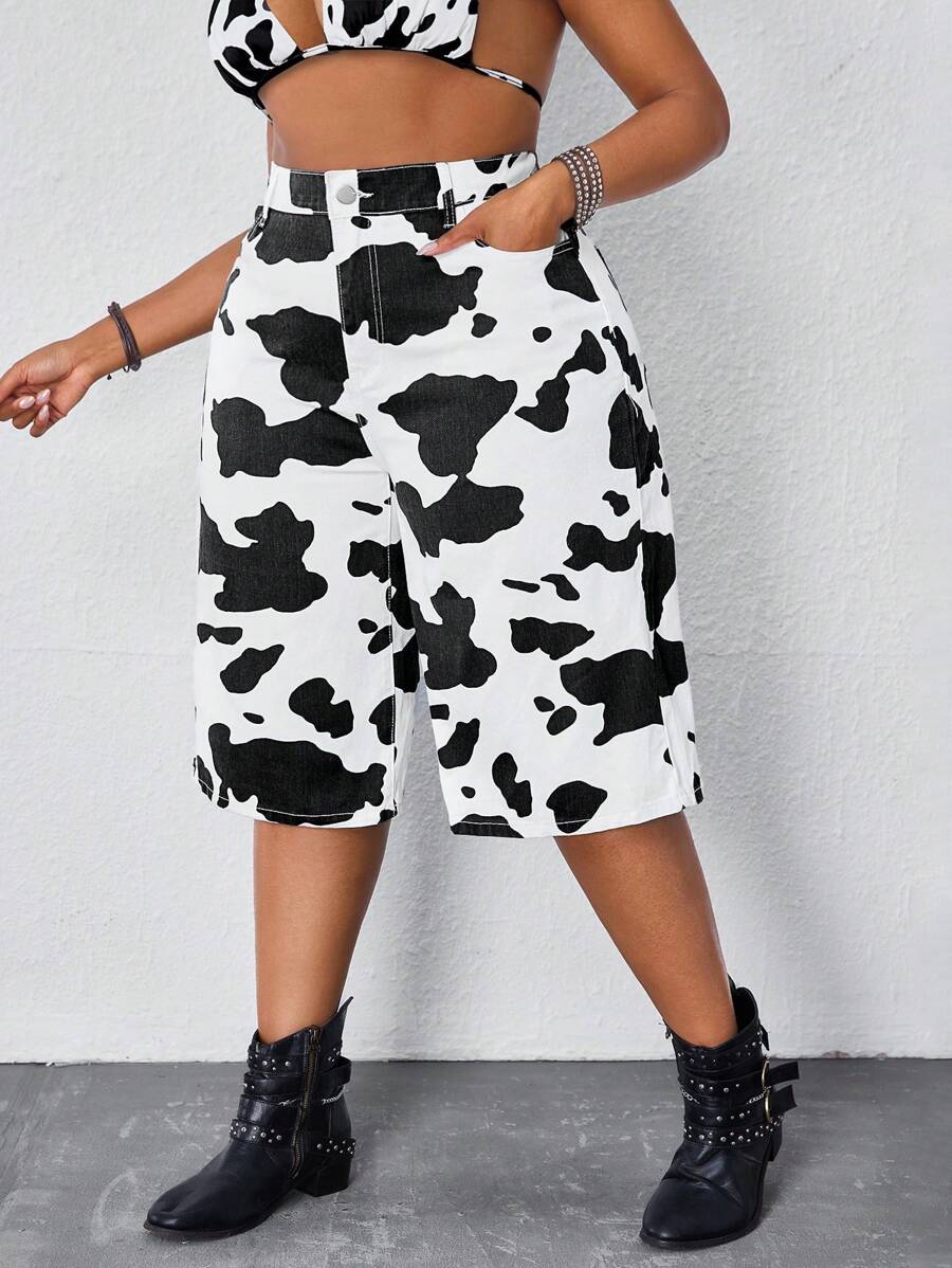 SHEIN SXY Plus Size Fashionable Personalized Cropped Jeans With Cow ...