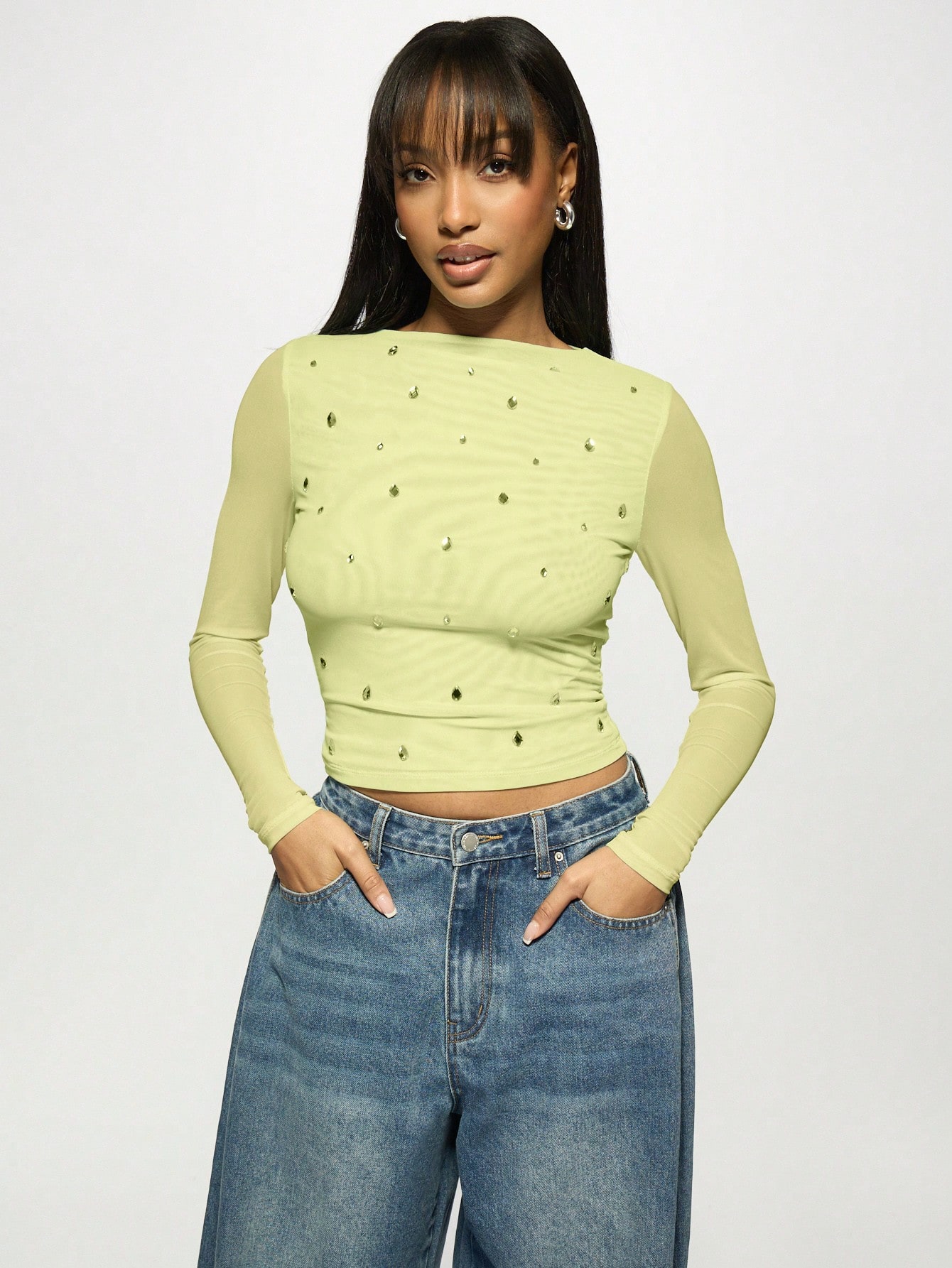MISSGUIDED Crystal Embellished Long Sleeve Crop Top Mesh Overlay｜MISSGUIDED