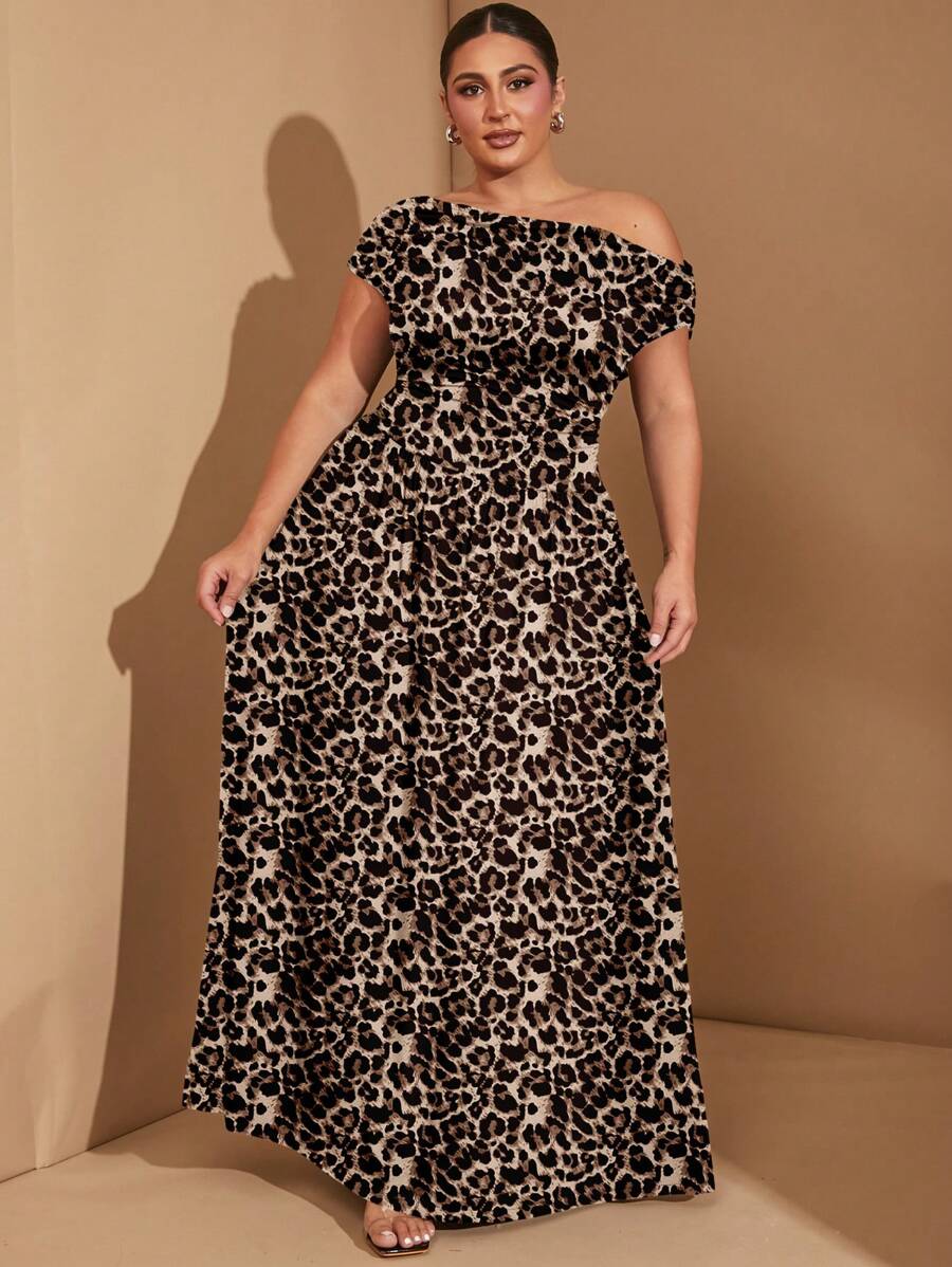 SHEIN BAE Plus Size Women's Asymmetrical Shoulder Full Leopard Print ...