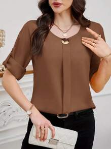 SHEIN Clasi Women's Summer Solid Color Round Neck Rolled Sleeve Casual Shirt For Commuting ...