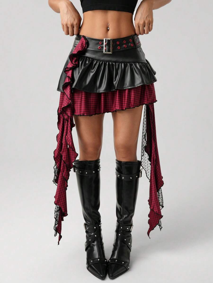 SHEIN ICON Women Black & Red Contrast Color PU Leather Punk Style Plaid ...