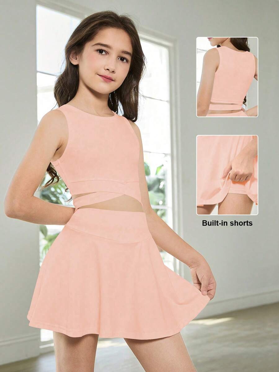 Tween Girls 2-Piece Outfit - Solid Color Sleeveless Crop Top And Tennis ...
