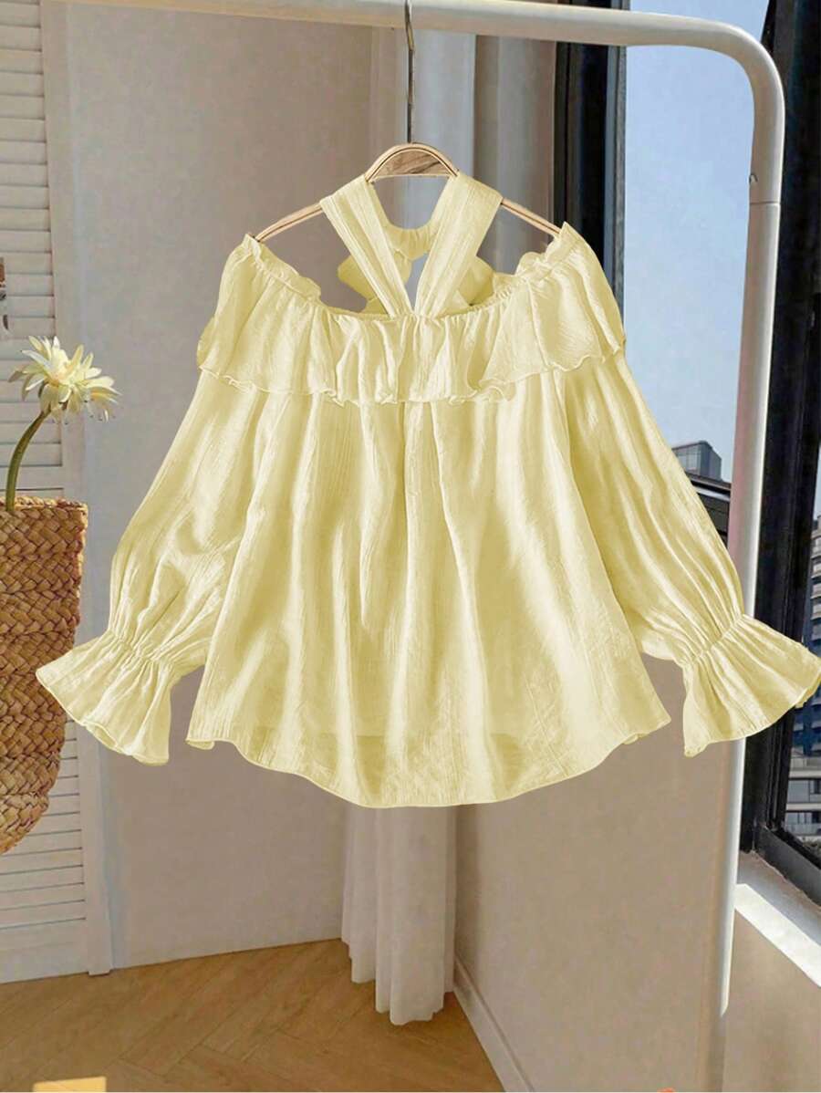 Modelyn Yellow Halterneck Long Sleeve Blouse For Women | SHEIN USA