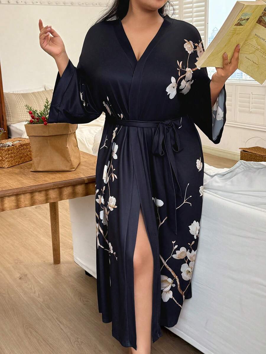 SHEIN Plus Size Elegant Black Floral Print Belted Long Nightgown Summer ...
