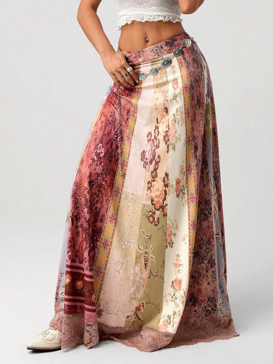 SHEIN ICON Women's Vintage Patchwork Print A-Line Hem Casual Lace Patchwork Long Skirt | SHEIN USA