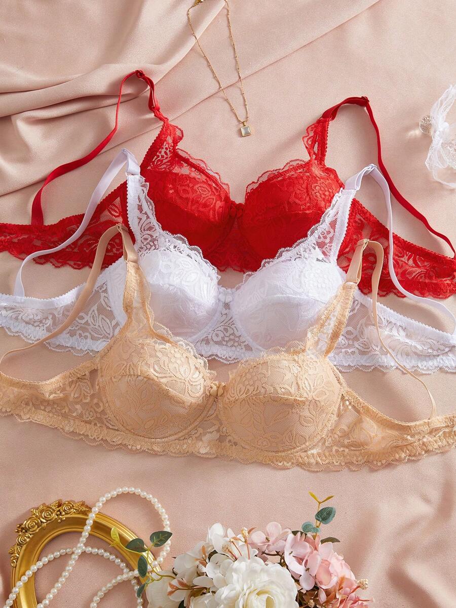 Snug Zone 3pcs Minimalist Women Wired Bras, Lace Sexy Lingerie, French Romantic Bra | SHEIN USA