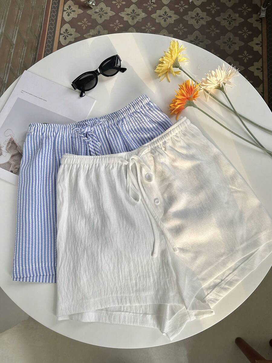 Comfortcana 2pcs Plus Size Navy Blue & White Striped Top & White Shorts ...