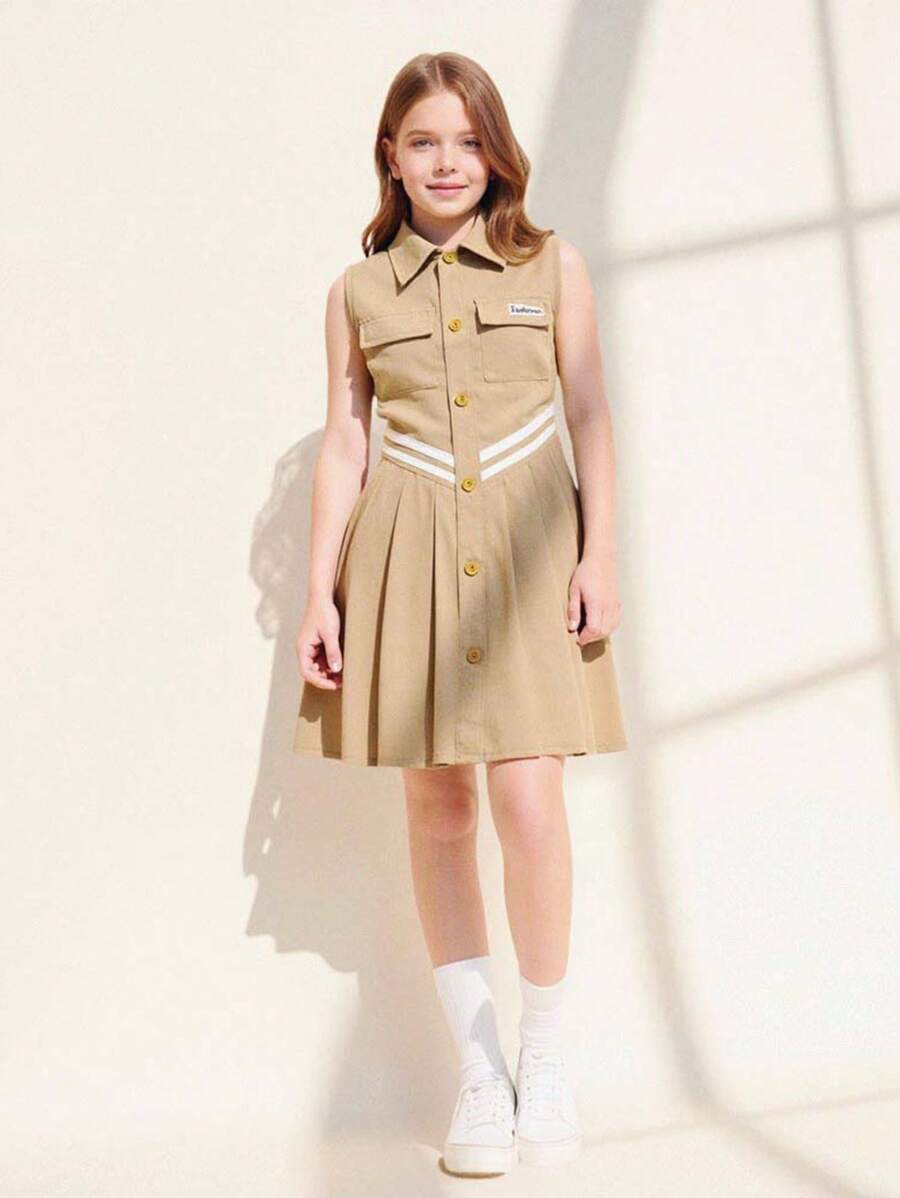 Explorewe Tween Girls Khaki Dress Sleeveless Collared Shirt Dress With ...