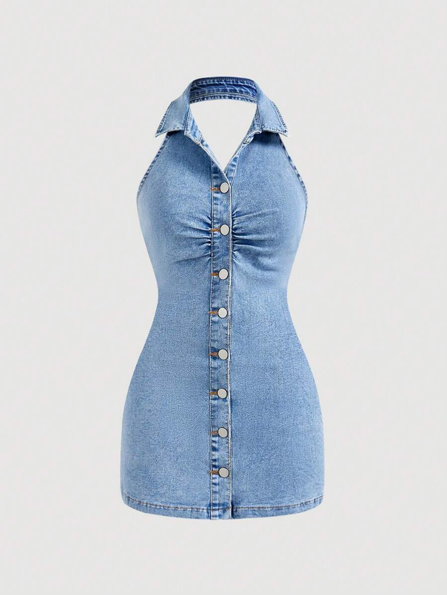 SHEIN MOD Women's Casual Single-Breasted Pleated Ruffle Halter Neck ...