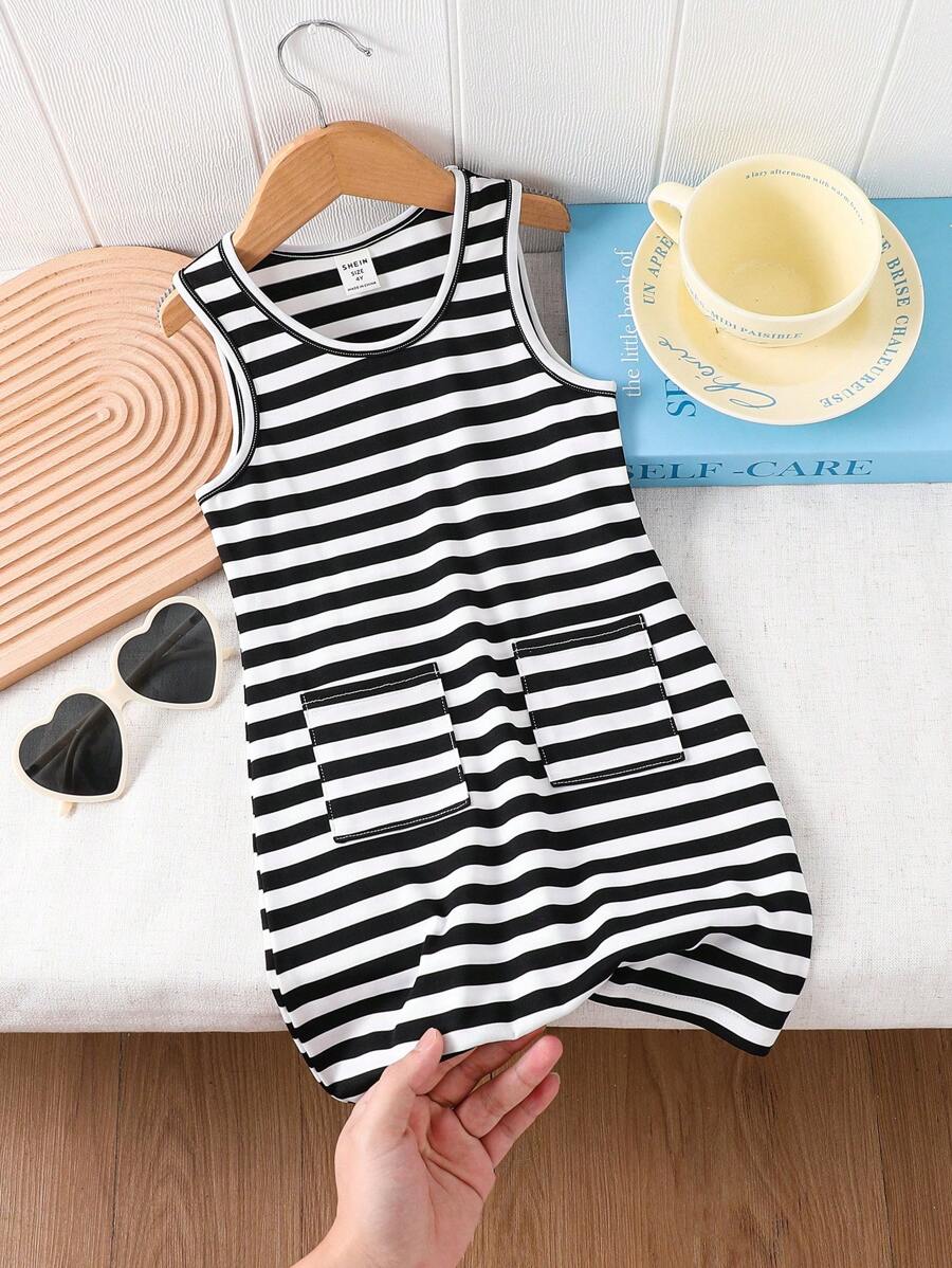 Young Girl Knit Stripe Round Neck Sleeveless Jumper Dress | SHEIN USA