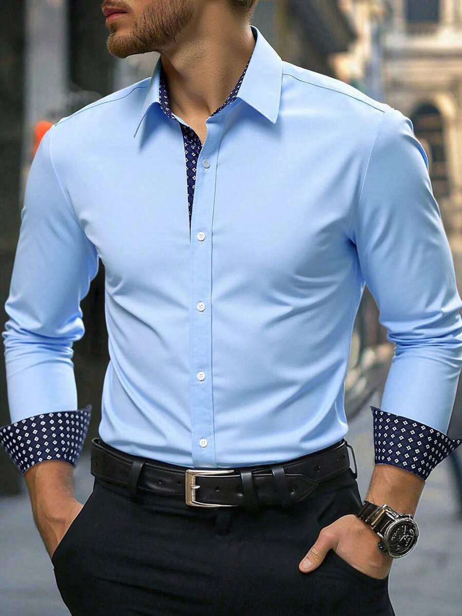 Manfinity Mode Men's Casual Business Long Sleeve Shirt With Contrast Collar And Cuffs Men Fitted ...