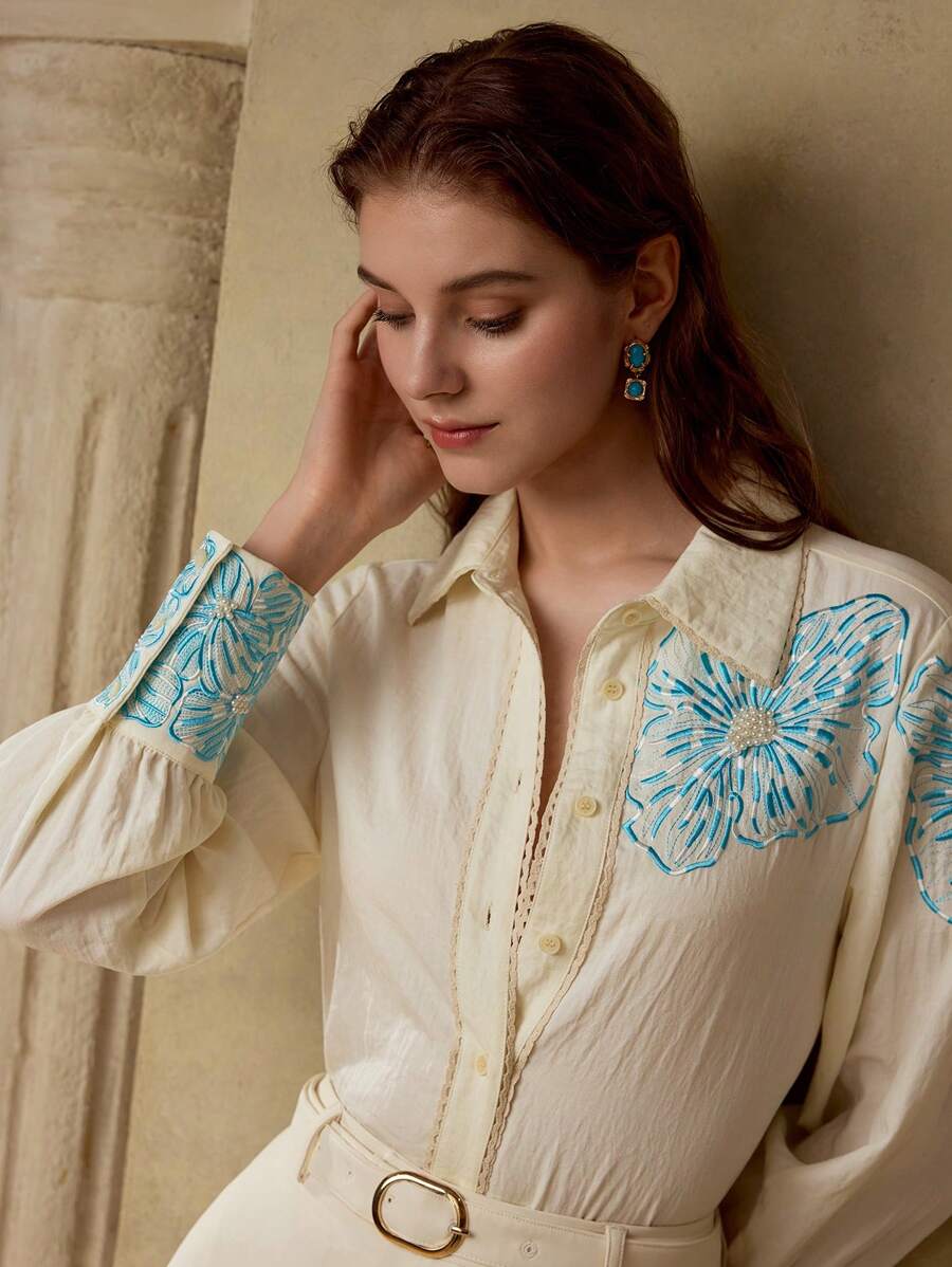 MOTF PREMIUM EMBROIDERY BUTTON UP SHIRT | SHEIN USA