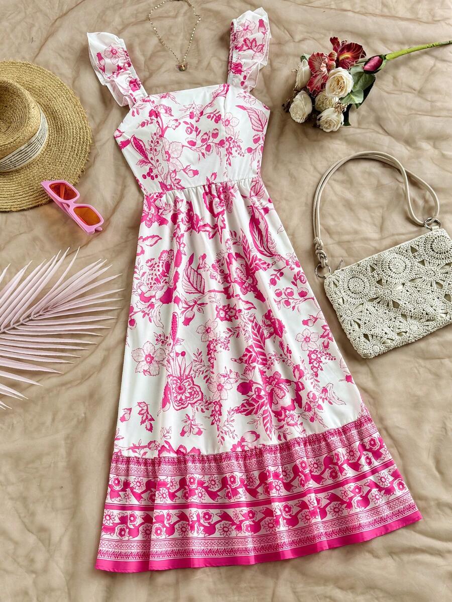 Soleia Women's Holiday Blue & White Floral Print Square Neck Cap Sleeve A-Line Maxi Dress ...