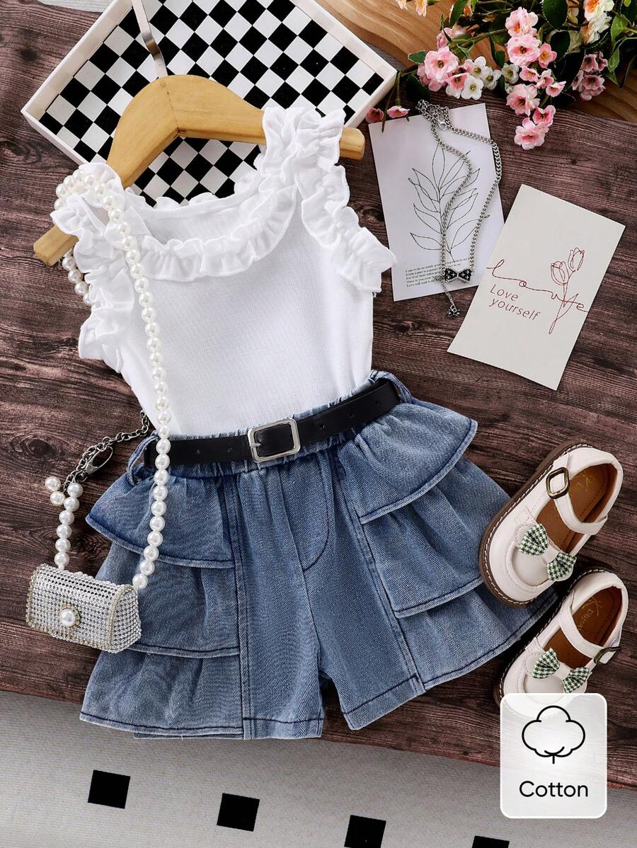 SHEIN Baby Girls' Outfit, White Top + Denim Ruffle Cake Shorts | SHEIN USA